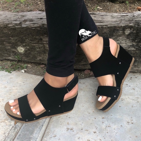 Shoes | Black Nubuck Wedge Sandals | Poshmark